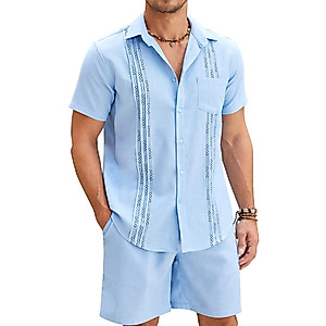 COOFANDY Men's Linen Sets 2 Piece Hawaiian Vacation Matching Shirt and Shorts Set