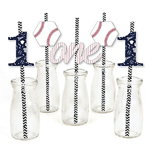 Big Dot of Happiness 1st Birthday Batter Up - Baseball - Paper Straw Decor - First Birthday Party Striped Decorative Straws - Set of 24