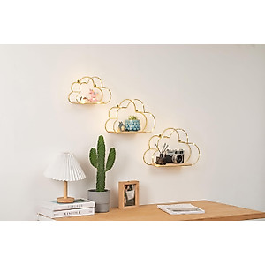 Niemro - Golden Cloud Shape Floating Shelves with LED Lights Wall Decor,Gold Metal Wire and Wood Base Wall Mounted Shelf Decorations for Home Bedroom Living Room - Set of 3