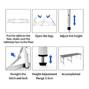 Moosinily 6 Ft Folding Table Adjustable Height Camping Table Aluminum Portable Table with Handle Tri-fold Outdoor Table Picnic BBQ Party Black