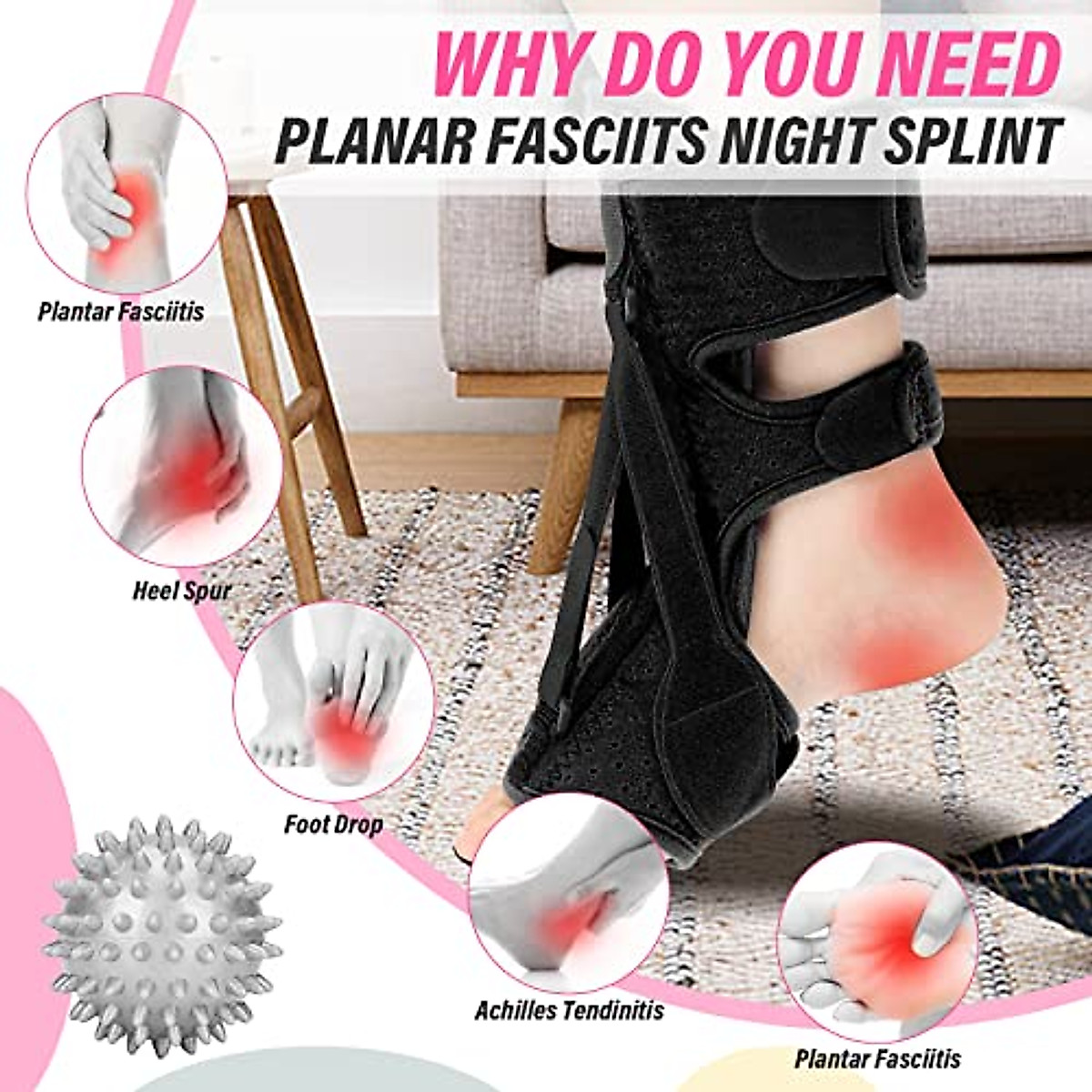 Longzhuo Plantar Fasciitis Night Splint, Plantar Fasciitis Relief, Adjustable Straps Foot Drop Brace Achilles Tendonitis Relief with Massage Ball+Plantar Fasciitis Socks for Women & Men (Black)
