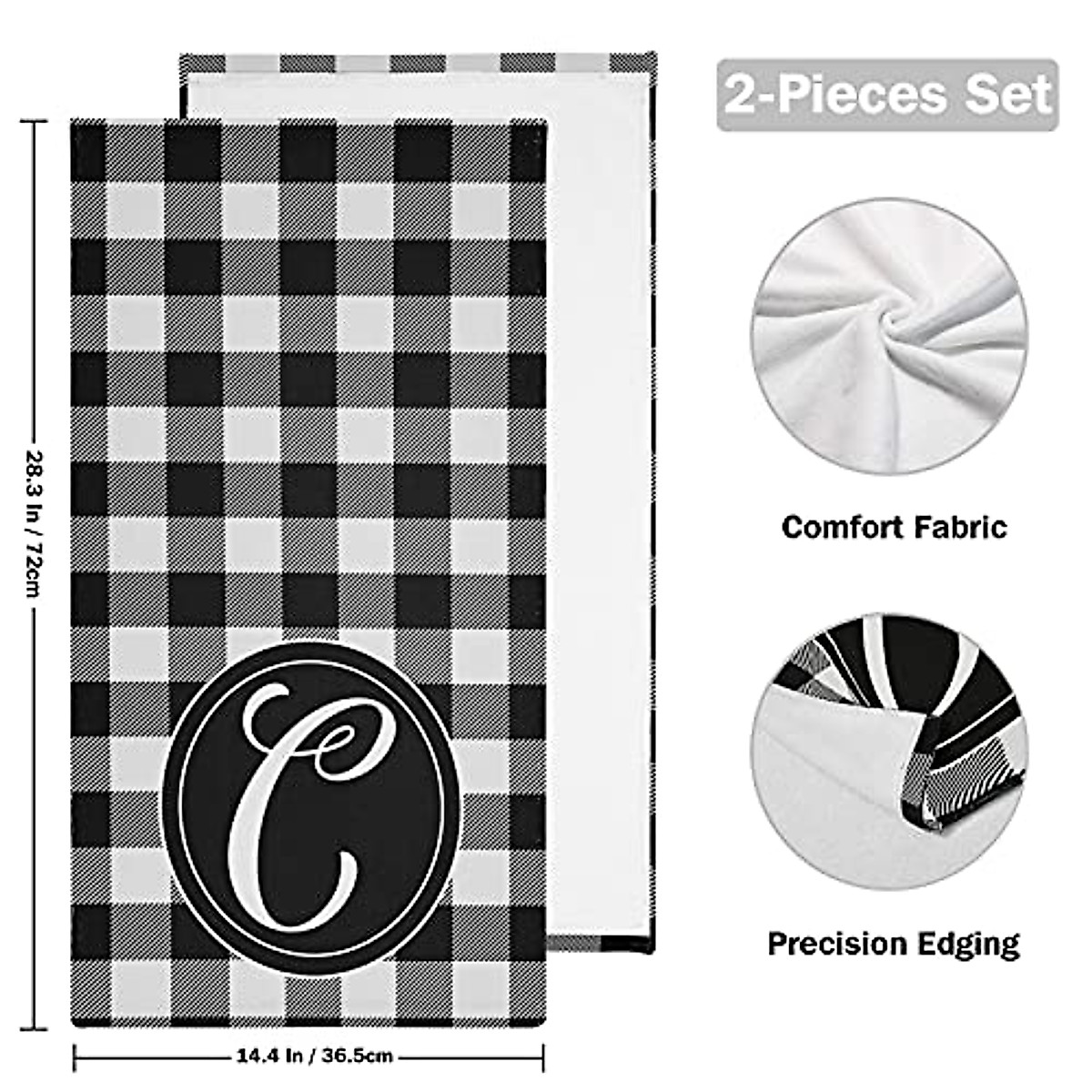 Jucciaco C Pattern Hand Towel for Bathroom Kitchen, Absorbent Black and White Plaid Print Bath Hand Towels Decorative, Soft Polyester Cotton Towels for Hand, 28x14 inches, Set of 2