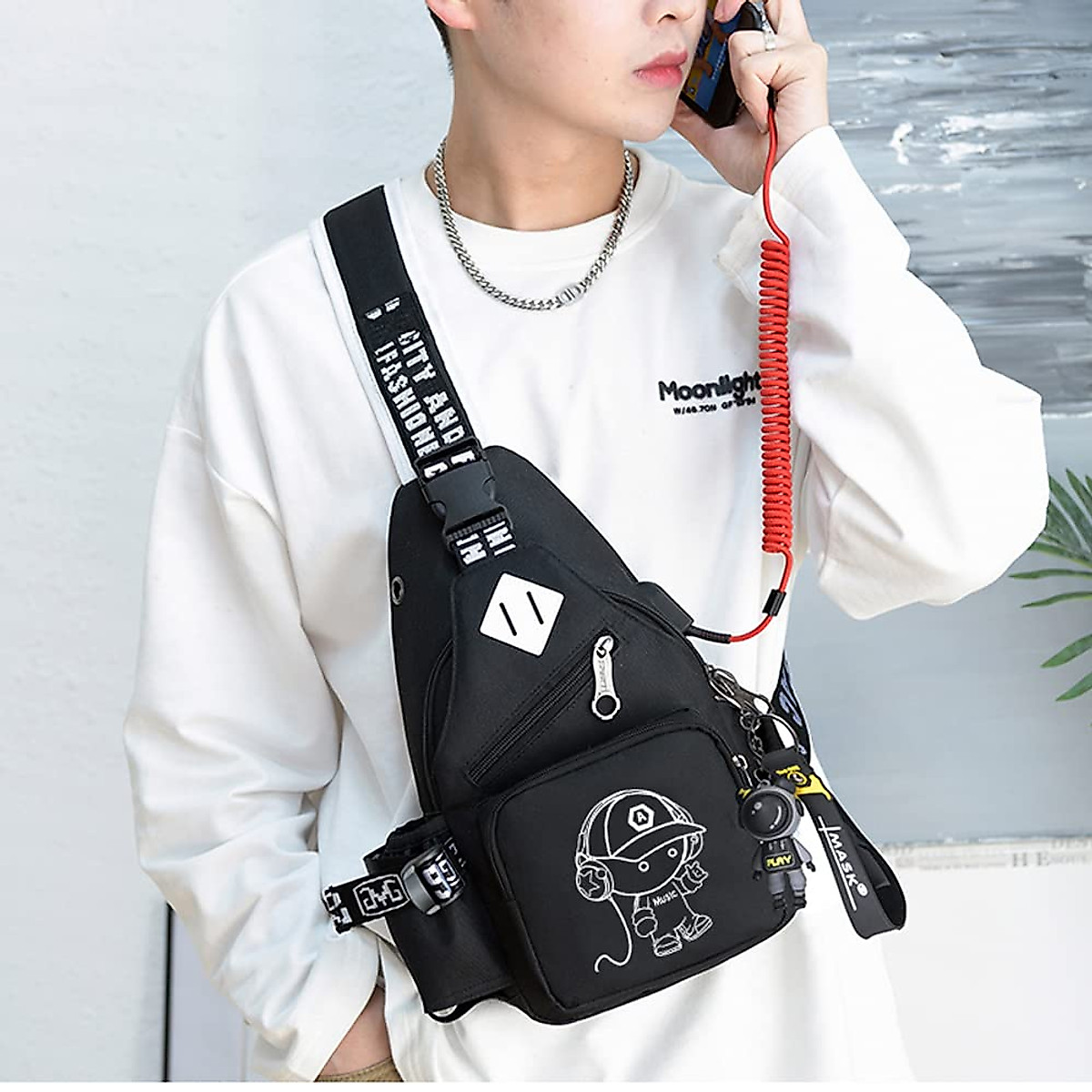 CUSALBOY Fashion One-Shoulder Backpack Youth Leisure Backpack With USB Port Earphone Hole, Cartoon Luminous Pattern Backpack (black 6)