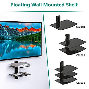 WALI Floating Entertainment Center Shelves, Holds Up to 17.6lbs, TV Shelf with Strengthened Tempered Glasses for DVD Players, Cable Boxes, Games Consoles, TV Accessories (CS202B), 2 Shelf, Black