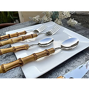 Nature Real Bamboo Handle Flatware 5-Piece Set, Stainless Steel 18/10 Food Safety Grade Silverware Cutlery Set Eating Utensils Matte Silver (Nature bamboo 5 pcs set)