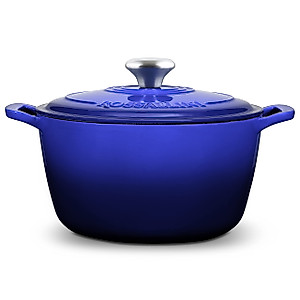 ROSSALLINI Signature Enameled Cast Iron Dutch Oven, Non-Stick Serving Pot with Tight Fitting Lid for Perfect Roasting, Baking, Sauteing, and Bread Making | 5.5Q (5.2L) - Indigo Blue