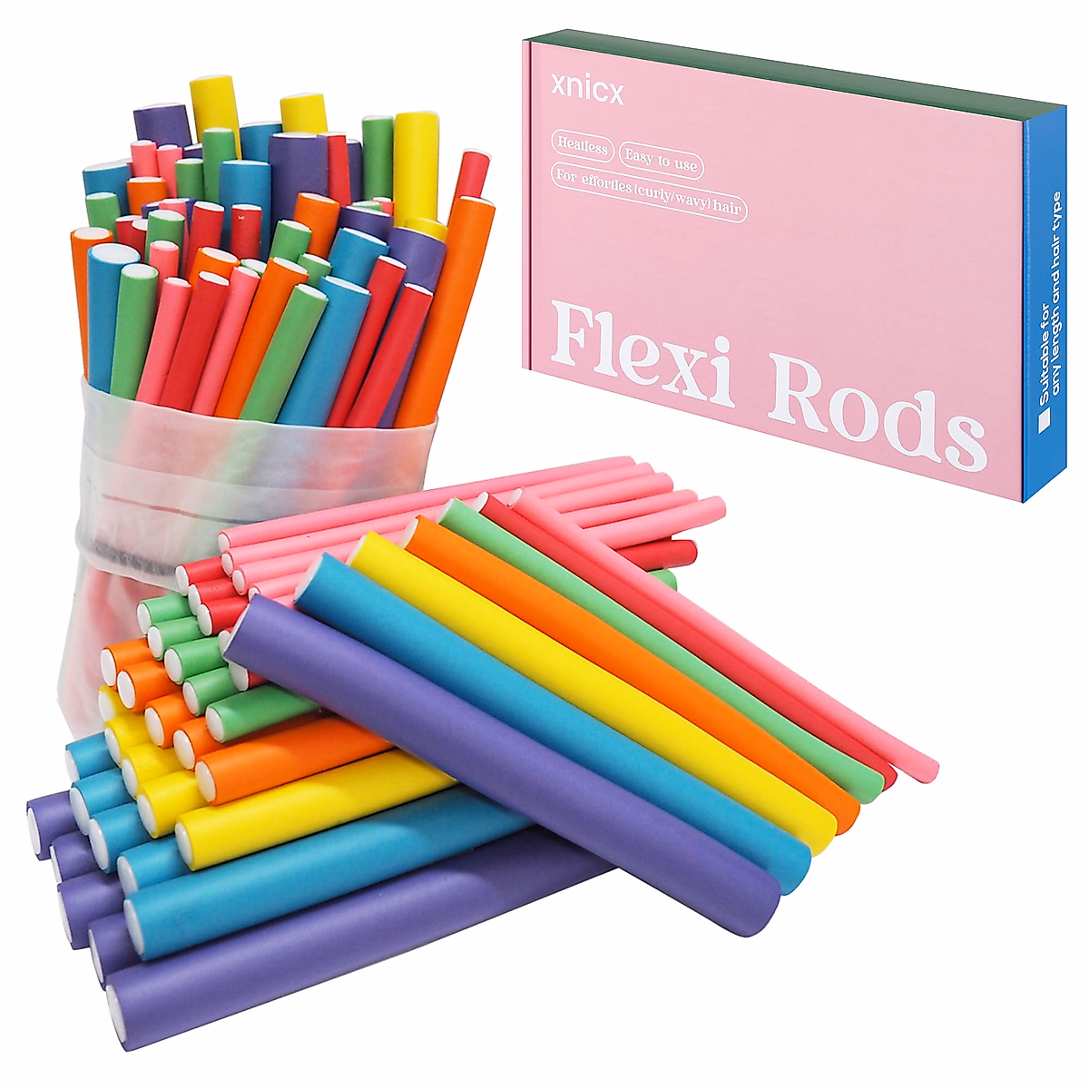 xnicx 47 pcs 7'' Hair Curlers Rollers Flexi Rods Flexible Curling Rods Set No Heat Heatless Bendy Foam Hair Curls for Long,Medium,Short Hair to Sleep in