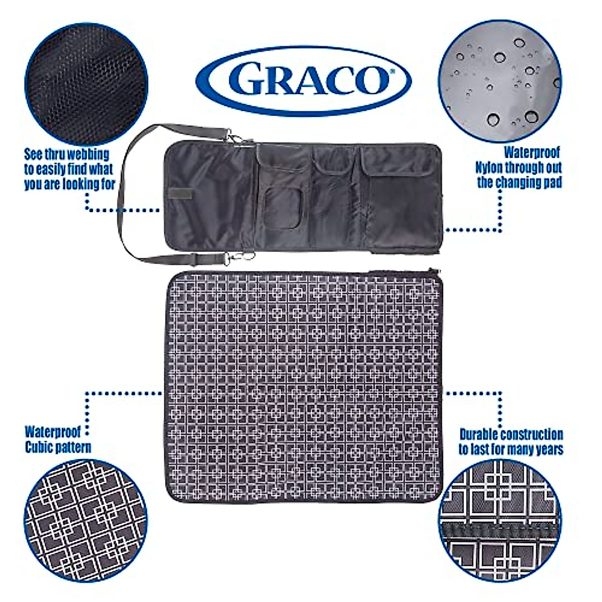 Graco Portable Baby Diaper Changing Table Pad Bag with Wipe & Travel Essentials Pockets - Deluxe Compact Clean Padded Infant Changer Mat - Unisex Grey