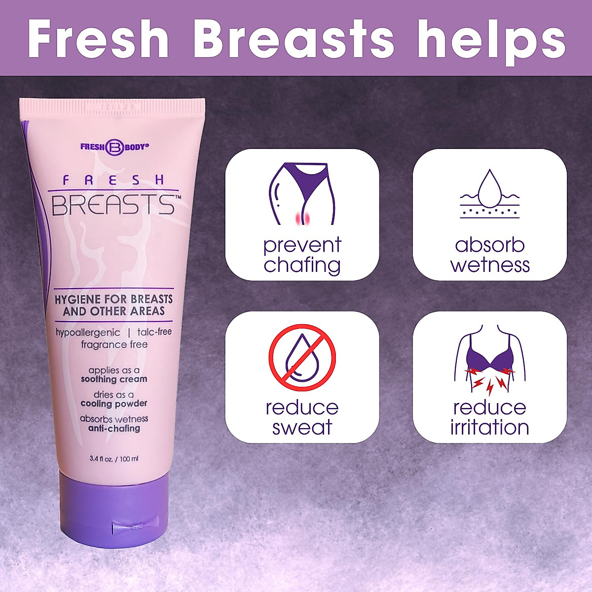 Fresh Body Fresh Breasts Anti Chafing Deodorant Lotion to Powder, 3.4oz - Anti Chafe Cream Whole Body Deodorant for Women, Inner Thighs & Areas that Sweat, No Talc, Aluminum and Fragrance