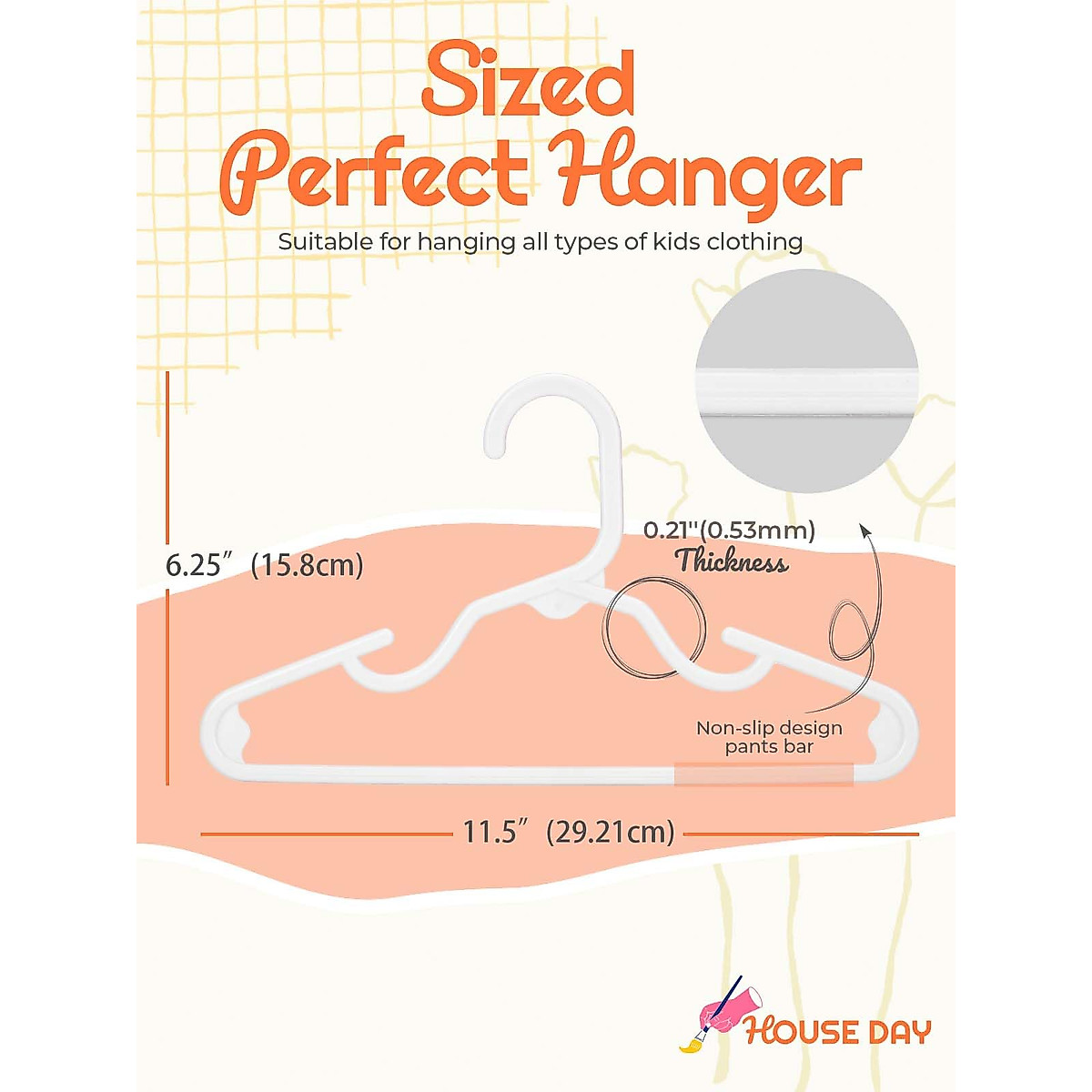 HOUSE DAY Premium Baby Hangers 60 Pack, 11 Inch Kids Plastic Hangers White, Slim Childrens Hangers for Infant, Toddler, and Child Clothes, Durable Baby Clothes Hangers for Closet