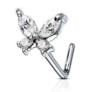 FIFTH CUE 20G CZ Butterfly 316L Surgical Steel L Bend Nose Stud Ring (Clear)