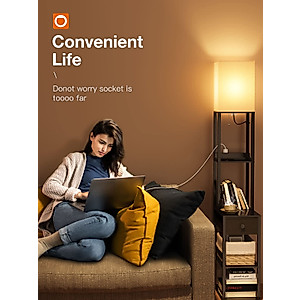 addlon Floor lamp with 2 USB, 1 Outlet and Drawer, 3 Color Temperatures LED Bulb (9W), Sofa lamp with White lampshade, Display Floor lamp with Shelves for Living Room, Bedroom and Office - Black