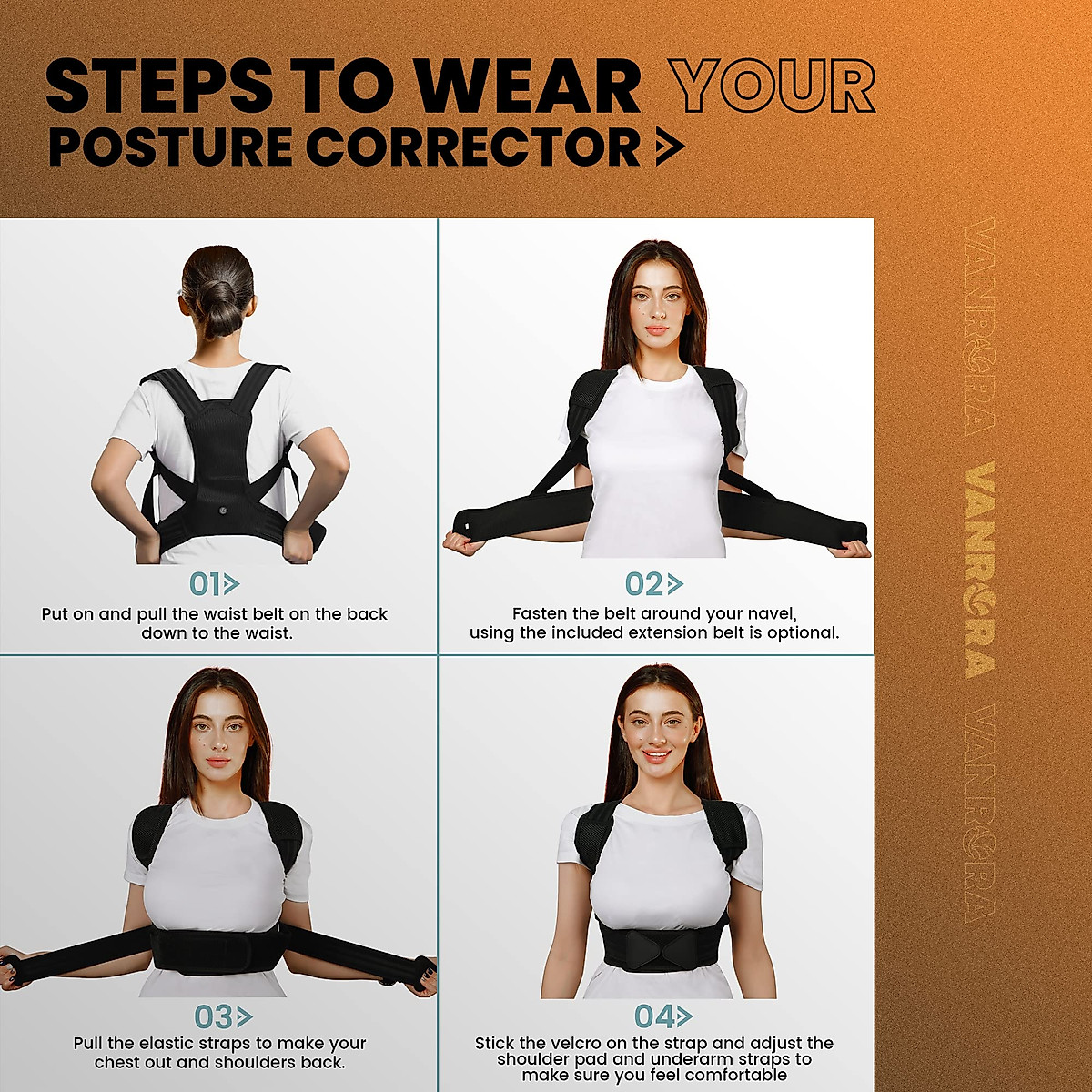 VANRORA Posture Corrector for Women and Men, Back Brace Fully Adjustable & Comfy, Support Straightener for Spine, Back, Neck, Clavicle and Shoulder, Improves Posture and Pain Relief S/M