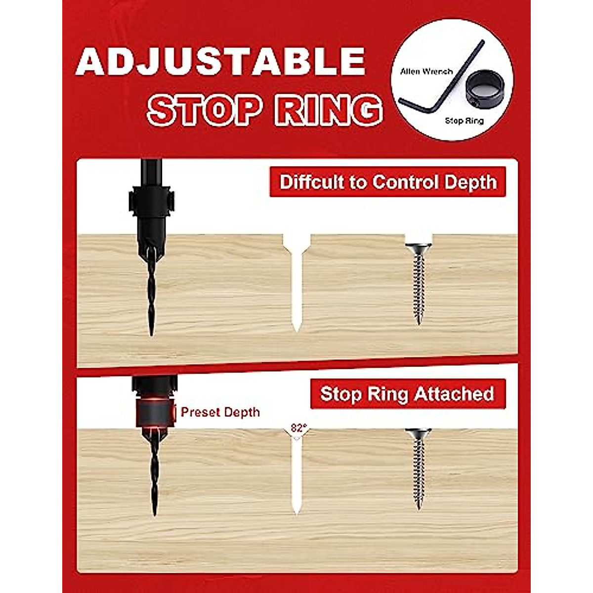 EZARC Countersink Drill Bit Set, 3 PCS Tapered Drill Bits Counter Sinker Set, 1/4" Hex Shank Quick Change for Woodworking, Pilot Screw Hole Set