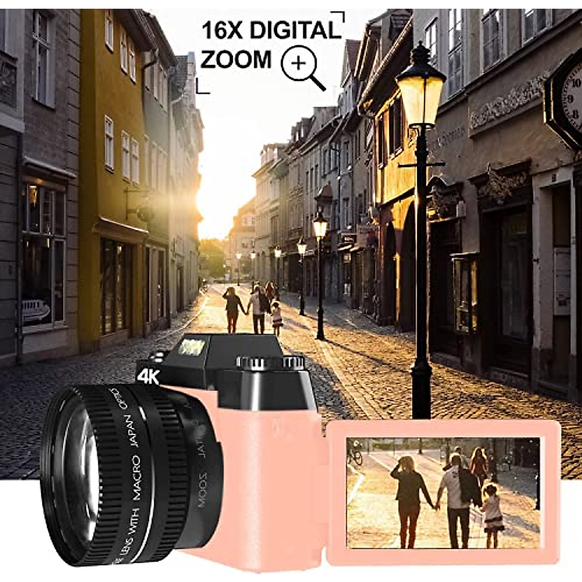 eDealz 4K 48MP Digital Camera Kit Photography Vlogging Camera for YouTube with Flip Screen, WiFi, Wide Angle & Macro Lens, 64GB Micro SD Card, 12" Flexible Tripod, Carrying Case, Card Reader (Pink)