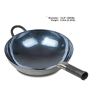 臻三环 ZhenSanHuan Chinese Hand Hammered Iron Woks and Stir Fry Pans, Non-stick, No Coating, Carbon Steel Pow (36CM, BlueBlack Seasoned with help handle)