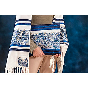 Yair Emanuel Premium Tallit Silk Embroidered Jerusalem Vista | Blue and White Tallis Prayer Shawl