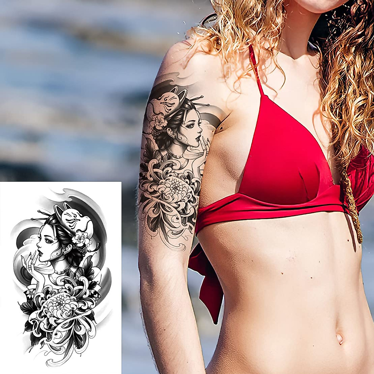 Oottati 6 Sheets Arm Fake Waterproof Temporary Tattoos Stickers Black Japanese Geisha Samurai Women Flower Lotus