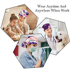 Adjustable Scrub Bouffant Caps, 2 Packs Colorful Floral Working Hat Hair Cover with Ponytail Pouch, Soft Surgical Nurse Cap