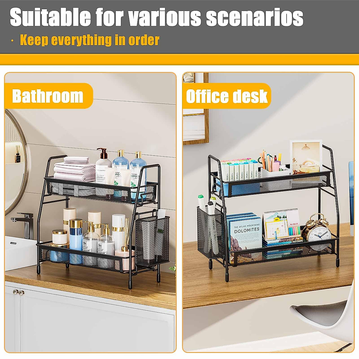 Famhap Bathroom Counter Organizer, Bathroom Organizer Countertop with Side Basket, Kitchen Countertop Organizer, Metal Spice Rack Organizer, Black 13.8"x7"x12.6"
