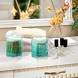 Grunge Turquoise Teal Wood Qtip Dispenser Apothecary Jars Farmhouse Green Bathroom Qtip Holder Storage Canister Plastic Jar 10 Oz for Cotton Ball Swab Round Pads Floss 2pcs