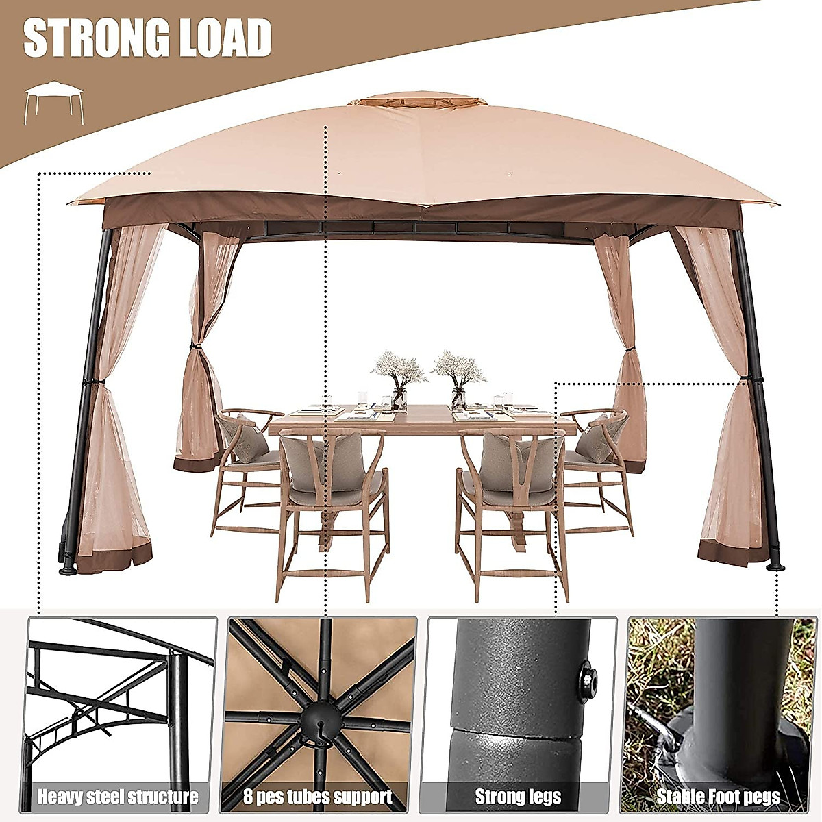 Gazebos for Patios with 4 Sand Bags, Outdoor Gazebo Tent with Netting Screen Walls, Heavy Duty Gazebo Canopy with 120 Square Feet of Shade for Garden, Backyard Deck, and Lawns (Khaki)