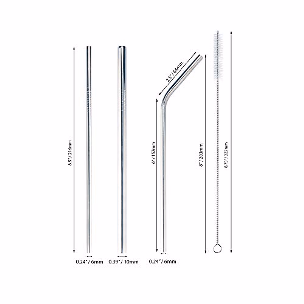 BambooMN Reusable Stainless Steel Metal Drinking Straws - 8" Bent Straws w/ 1x Cleaning Brush - 6 Pack