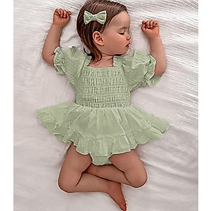 Infant Baby Girls Romper Dress Dot Pattern Short Sleeve Ruched Jumpsuits Skirts Hem Bodysuits Headband (Green dots, 6-12 Months)