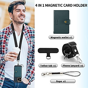 ZICISI 4 in 1 Magnetic Wallet with Phone Lanyard,Compatible with Magsafe Wallet with 5 Card Holders for iPhone 15 14 13 12 pro max/Mini/Plus,PU Leather & RFID Blocking,Green