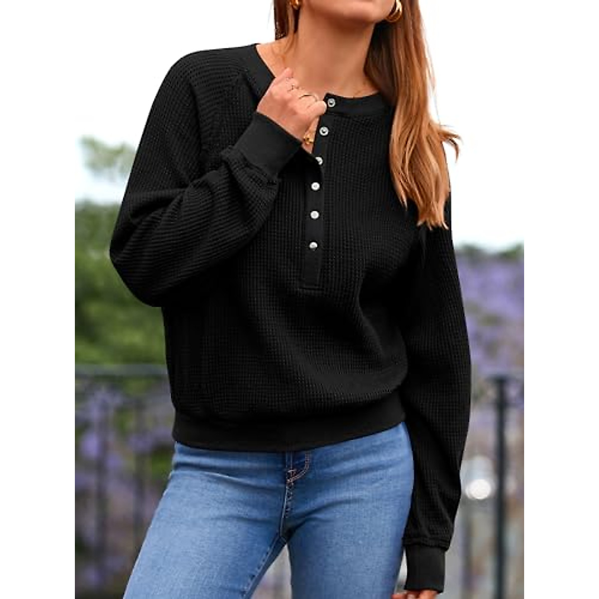 PRETTYGARDEN Fall Casual Sweatshirt for Women v Neck Long Sleeve Jumper Loose Knit Henley Top Button Slouchy Pullover Oversized Crop Sweater (Black, X-Large)