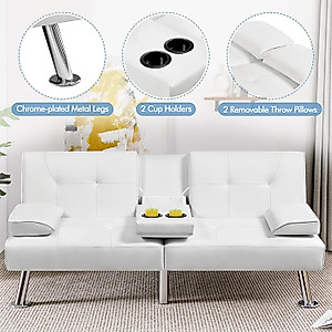 Convertible Folding Futon Sofa Bed with Metal Legs & 2 Cupholders, Modern Fabric Linen Upholstered Couch Loveseat Sleeper, Folding Couches Bed, Removable Armrests for for Small Spaces (White)