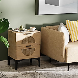 Aenuert Rattan Nightstand with 2 Drawers, Wooden Boho Side Table with Storage, Bedside End Table for Bedroom, Dorm and Small Spaces(Natural)