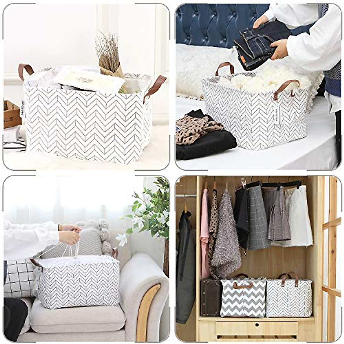 Sea Team Modern Arrowhead Pattern Canvas Fabric Storage Basket Collapsible Geometric Design Storage Bin with Drawstring Cover and PU Leather Handles, 16.5 by 11.8 inches, Waterproof Inner, Grey
