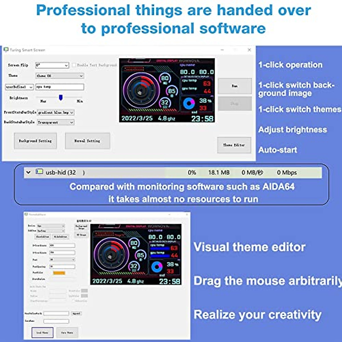 GOWENIC 5in IPS USB Screen, PC Temperature Display AIDA64 PC CPU Data Monitor PC Sensor Panel Display Temperature Monitor, PC Sensor Panel Display Computer Monitor