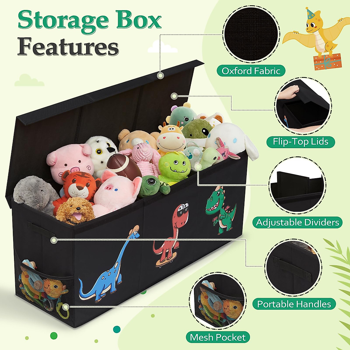 downluxe Extra Large Storage Bins with Lids and Handles, 136 L Collapsible Sturdy Storage Containers, Black Storage Basket Box Organizer for Closet, Living Room, Bedroom, 40"x13"x16", Dinosaur