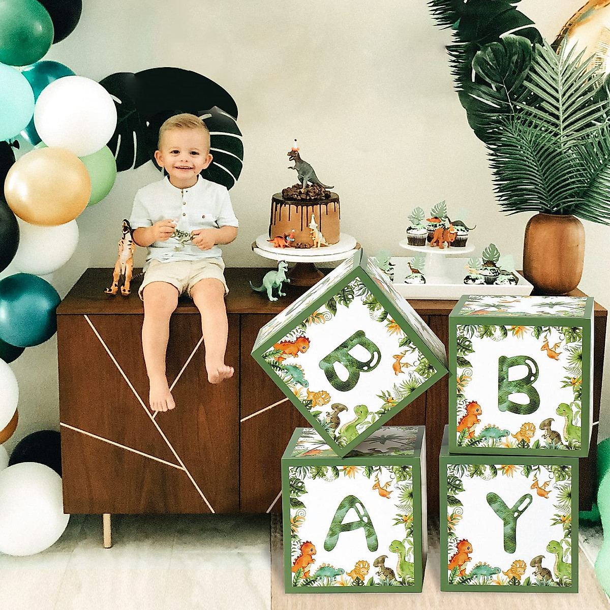Dinosaur Baby Shower Decorations Box - Green Jungle Dinosaur Baby Boxes for Boys，Dinosaur Birthday Party Boxes Block for Woodland Safari Baby Shower Supplies Photo Props Backdrop