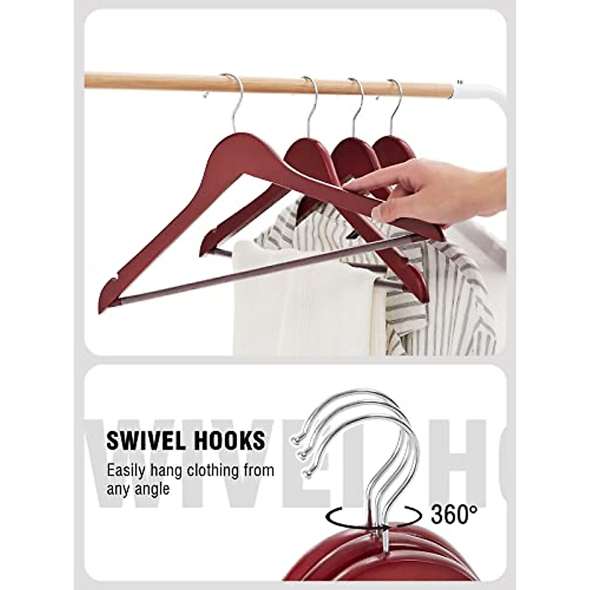 Solid Natural Wooden Coat Hangers, 10 Pack Heavy Duty Smooth Finish Suit Hangers with Non-Slip Pant Bar, Precisely Cut Notches & Chrome Swivel Hook for Closet, Wardrobe