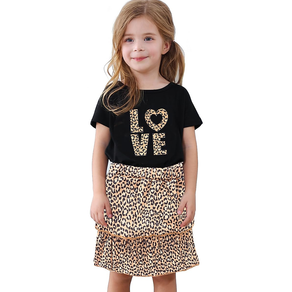 Girls Summer Outfits Two Piece Letter Print Short Sleeve Shirt Cheetah Layered Skirt Picture Day Outfits for School 7t