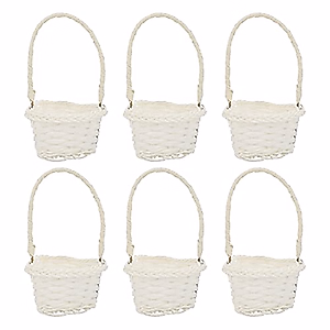 6pcs Flower Basket with Handle Wicker Rattan Flower Basket Handwoven Basket Picnic Candy Baskets for Home Shop Restaurant Flower Decor Heart White