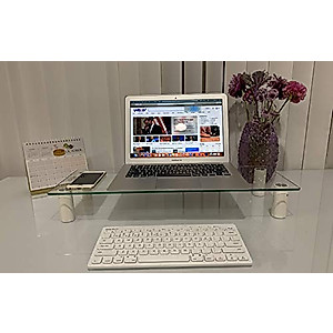 Mount Plus STB101 22.5 Inch Wide Tempered Glass Monitor Riser Desktop Stand Height Adjustable Table Top for Flat Screen LCD LED TV, Laptop, Notebook, Display (1 Pack)