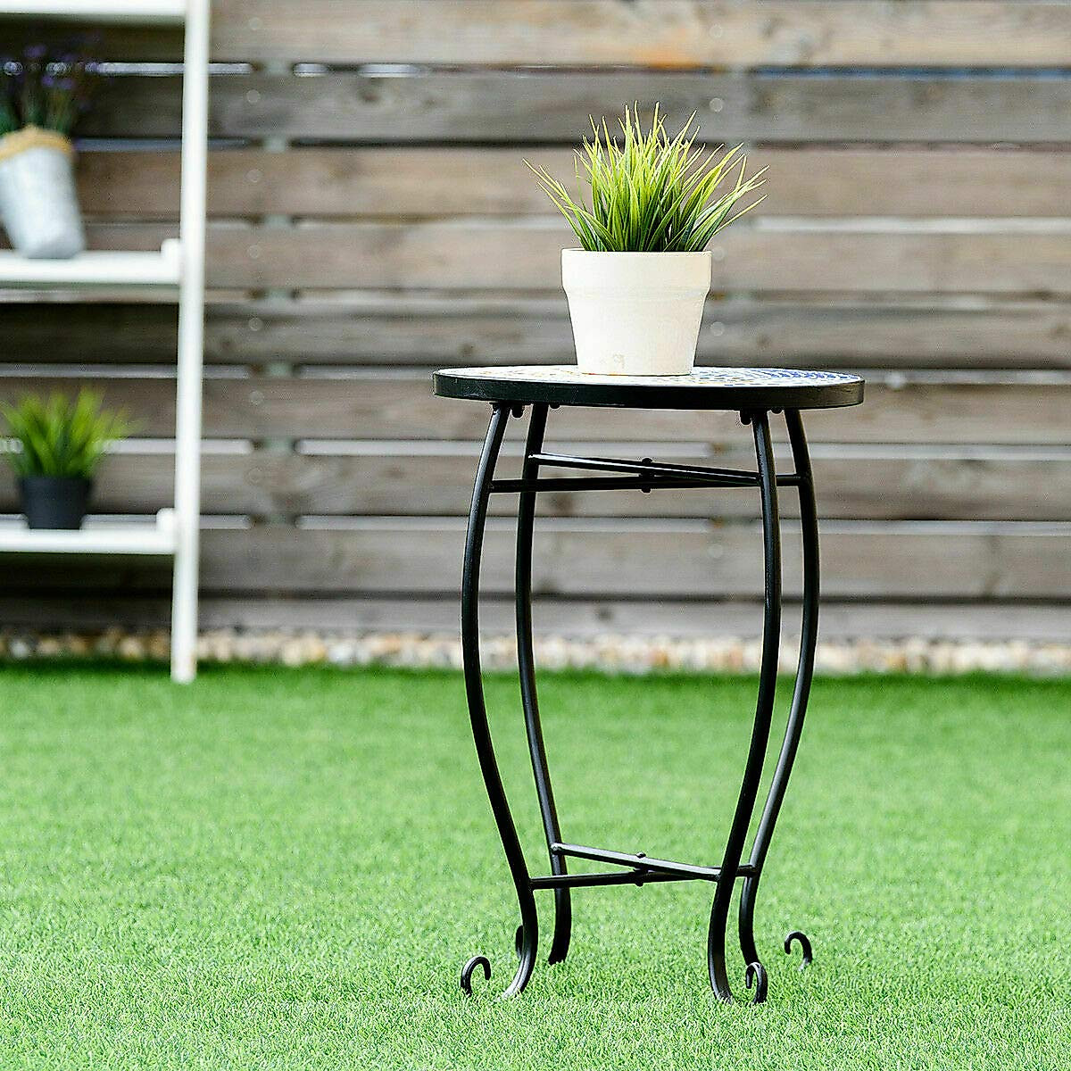 Modern Outdoor Indoor Round Accent Table Plant Stand Scheme Garden Steel Ocean Inlaid Glass Mosaic Top Patio Piece, Plant Stand