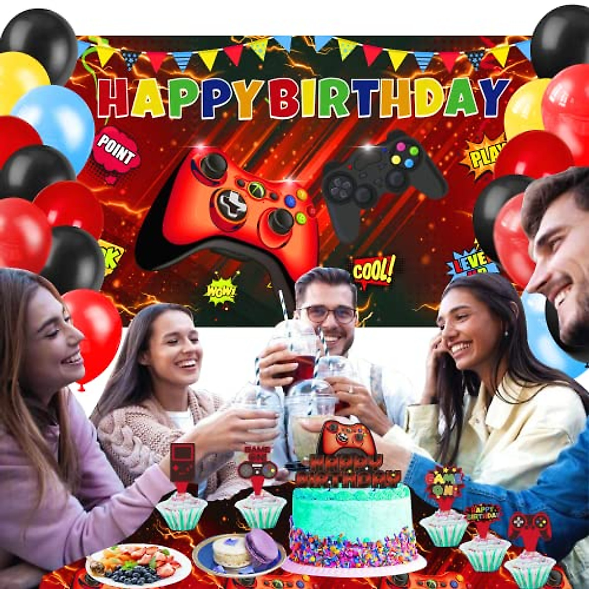 Video Game Birthday Party Decorations - 109Pcs Red and Black Gamer Gaming Party Supplies For Boys Birthday Party - Happy Birthday Gaming Backdrop, Table Cover, Hanging Swirls, Cupcake Topper, Cake Topper, Multi-Color Balloons and Foil Gamer Balloon