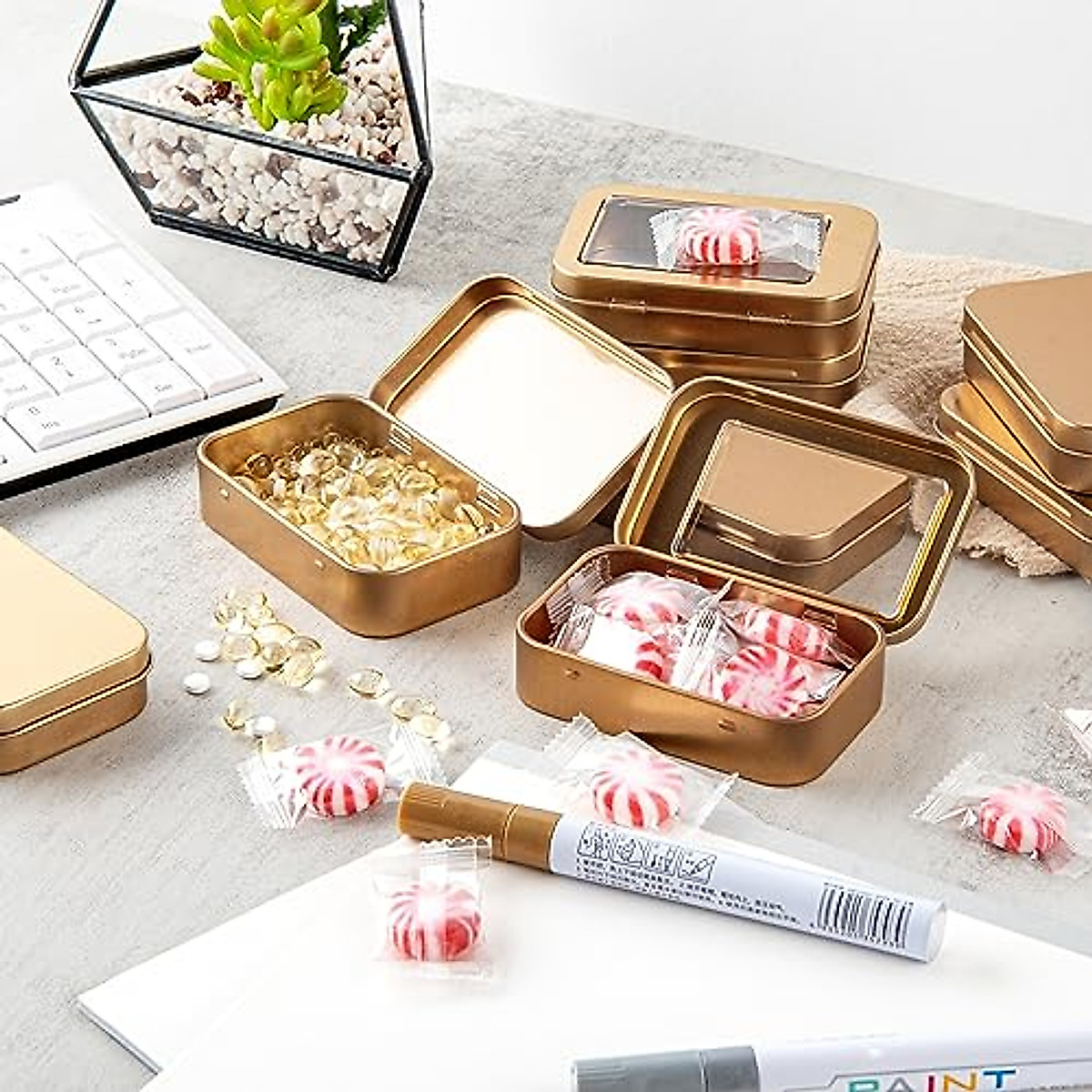 Restaurantware RW Base 4.5 Ounce Rectangular Tin Containers 10 Durable Tin Boxes With Lids - Clear Window Lids Rounded Edges Gold Tin Storage Containers Customizable Fits Mints Or Pills