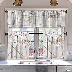 MCALK Luxury Gold Marble Kitchen Curtains Tiers and Valances Set 3 Piece for Windows White Background Kitchen Window Curtains Set,Modern Vintage Style Valances for Living Room(36" Tiers Set)