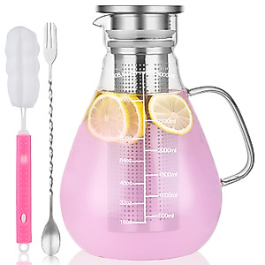 Glass Pitcher - 105.6oz Fruit Infuser Water Pitcher with Removable Lid and Precise Scale Line , 18/8 Stainless Steel Iced Tea Pitcher, Easy Clean Heat Resistant Infusion Pitcher for Cold Hot Beverages