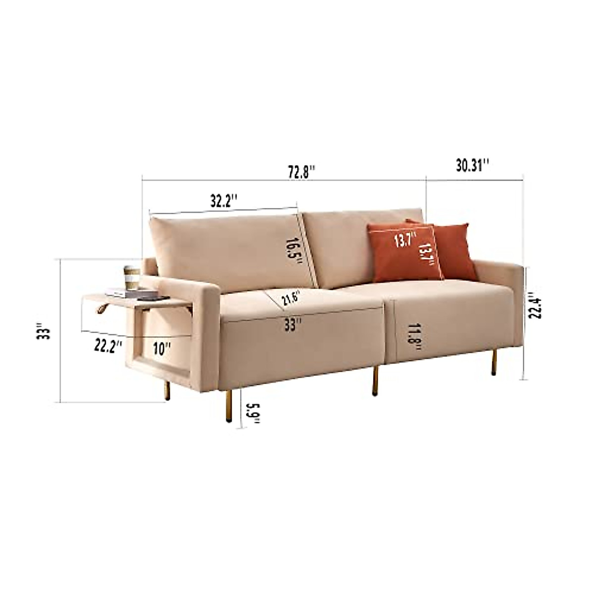 BAMOOLI 72.8'' Loveseat Sofa Couch, Mid Century Modern Linen Fabric Love Seat Sofa, Luxury 2 Seater Couch with Gold Metal Legs & 2 Throw Pillows, Comfy Couch for Living Room, Apartment, Office, Beige