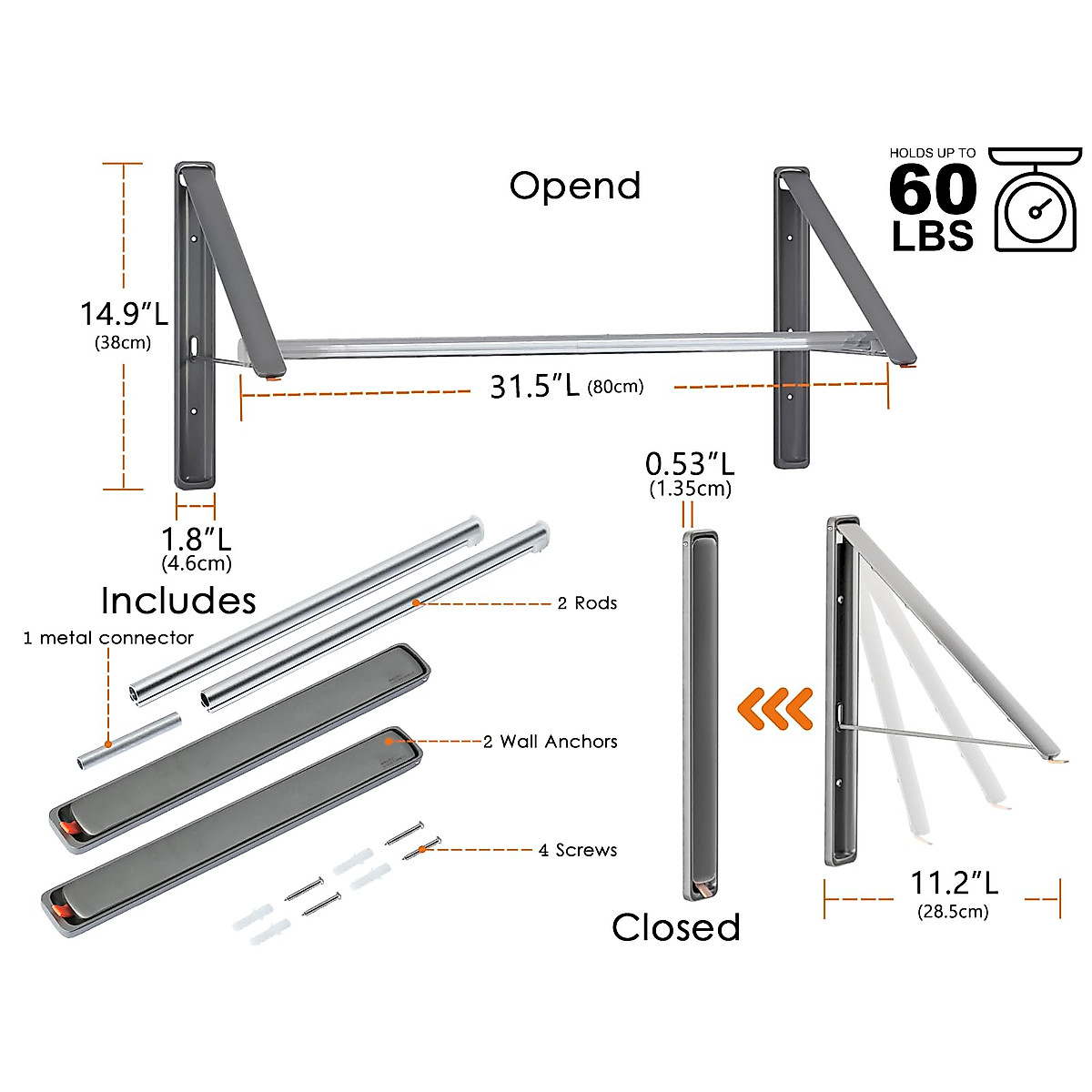 SKIKEN Wall Clothes Drying Rack Extendable Rod, Collapsible Wall Clothing Racks for Hanging, Retractable Hanger Wall Mount, Handy Simple Closet Organizer, Bathroom Balcony Rv Indoor, 31.5" (Gray)