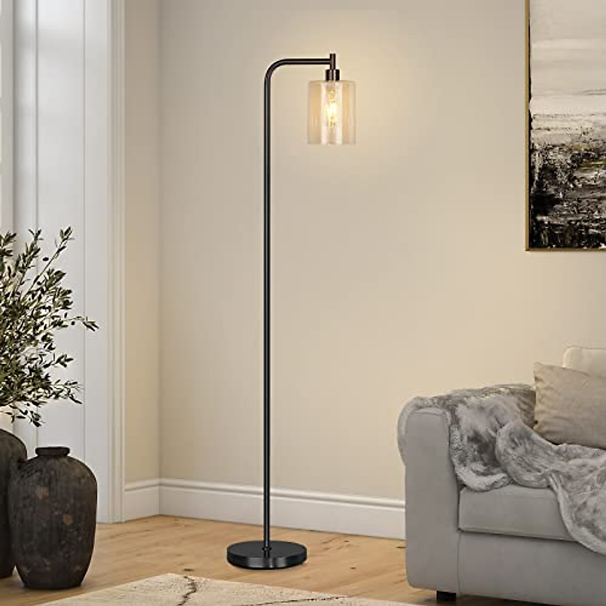 QiMH Industrial Floor Lamp for Living Room, Modern Standing Lamp with HD Glass Lampshade and Pedal Switch, 67” Tall Pole Light for Bedroom Study Room, Black (2700K LED Bulb Included)