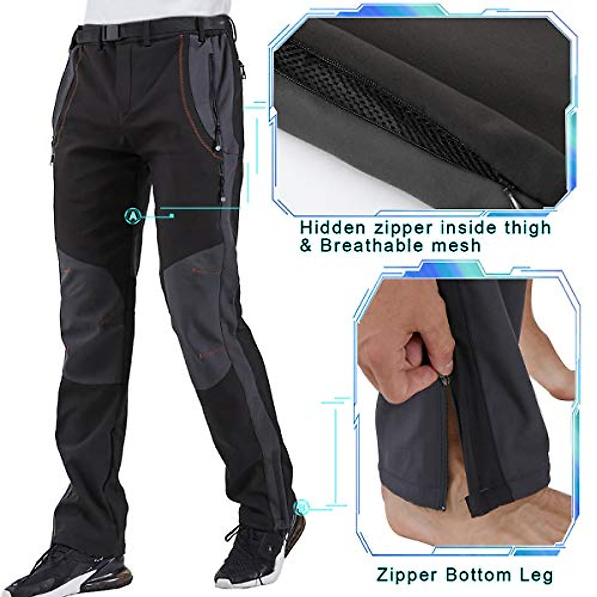 Gash Hao Men's Ski Snow Pants Waterproof Hiking Snowboard Pants Breathable Fleece Lined Zipper Bottom Leg (170Black 32W X 34L)