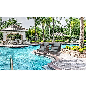 LEVELEVE Balcony Furniture 5 Piece Patio Conversation Set, PE Wicker Rattan Outdoor Lounge Chairs with Soft Cushions 2 Ottoman&Glass Table for Porch, Lawn-Brown Wicker